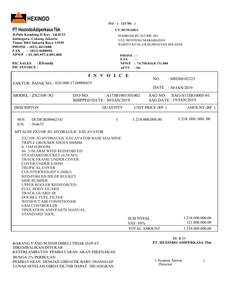 Invoice for Hitachi ZX210F-5G Excavator | PDF
