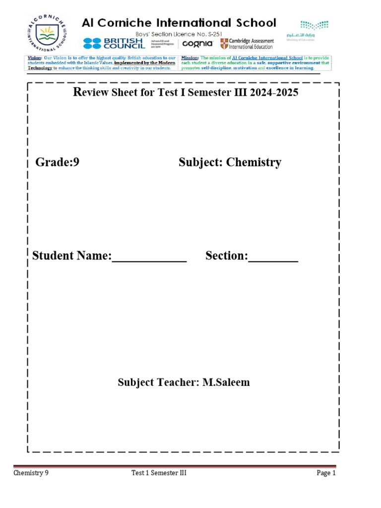 G-9 Chemistry Review Sheet Test 1 Semester III | PDF | Chlorine | Iodine