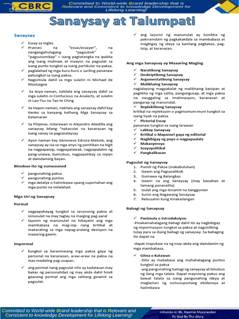 Sanaysay at Talumpati | PDF