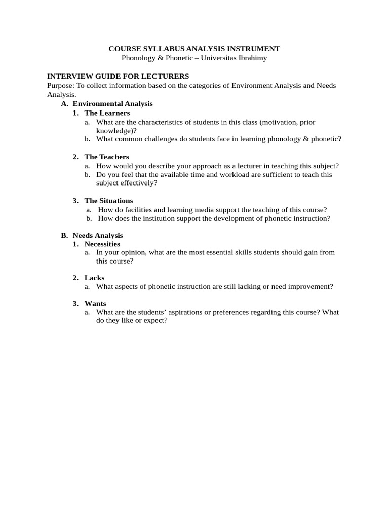 Interview Guidelines of Course Syllabus Analysis | PDF