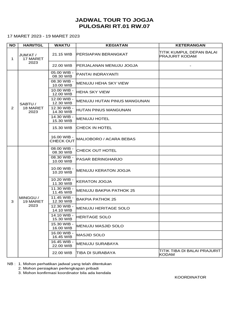 Jadwal Tour Jogja 17-19 Maret 2023 | PDF