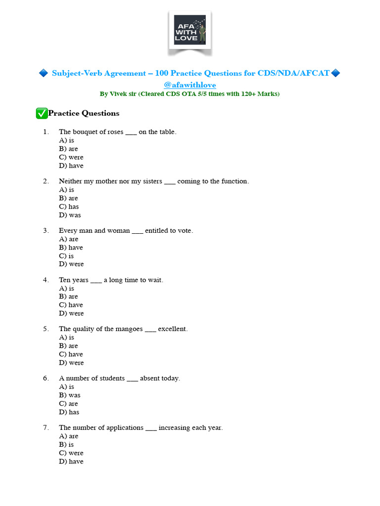 Subject-Verb Agreement - 100 Practice Questions For CDS - NDA - AFCAT ...