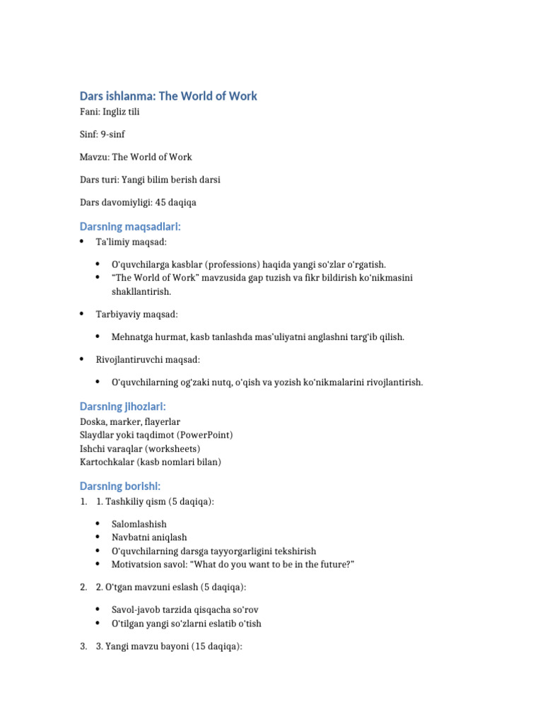 Dars Ishlanma the World of Work | PDF