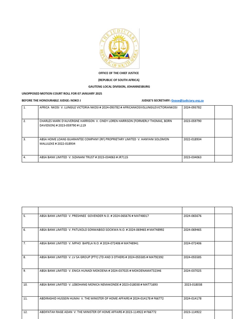 07 January 2025 - Johannesburg - Unopposed Motion Court Roll Noko J | PDF