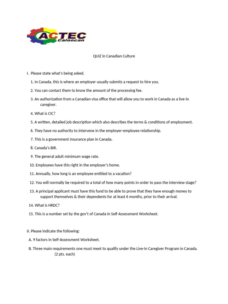 Quiz in Canadian Culture3 | PDF