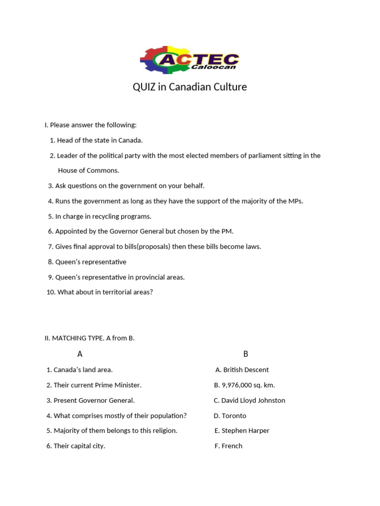 Quiz in Canadian 1st With Logo | PDF