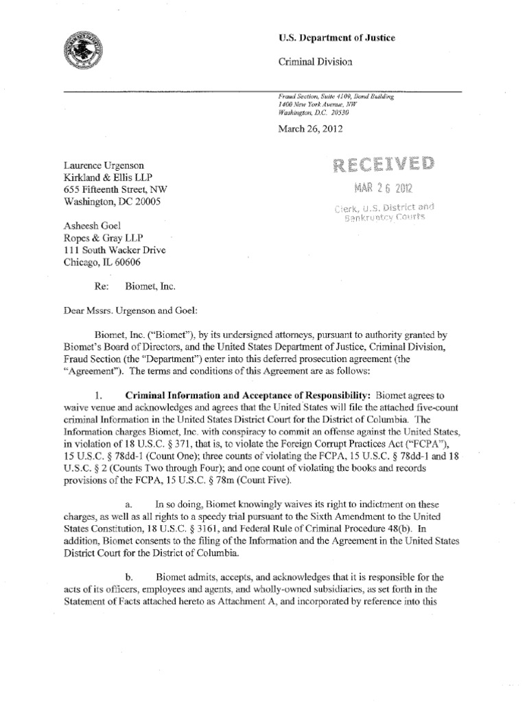 Biomet Deferred Prosecution Agreement | PDF | Corruption | U.S ...