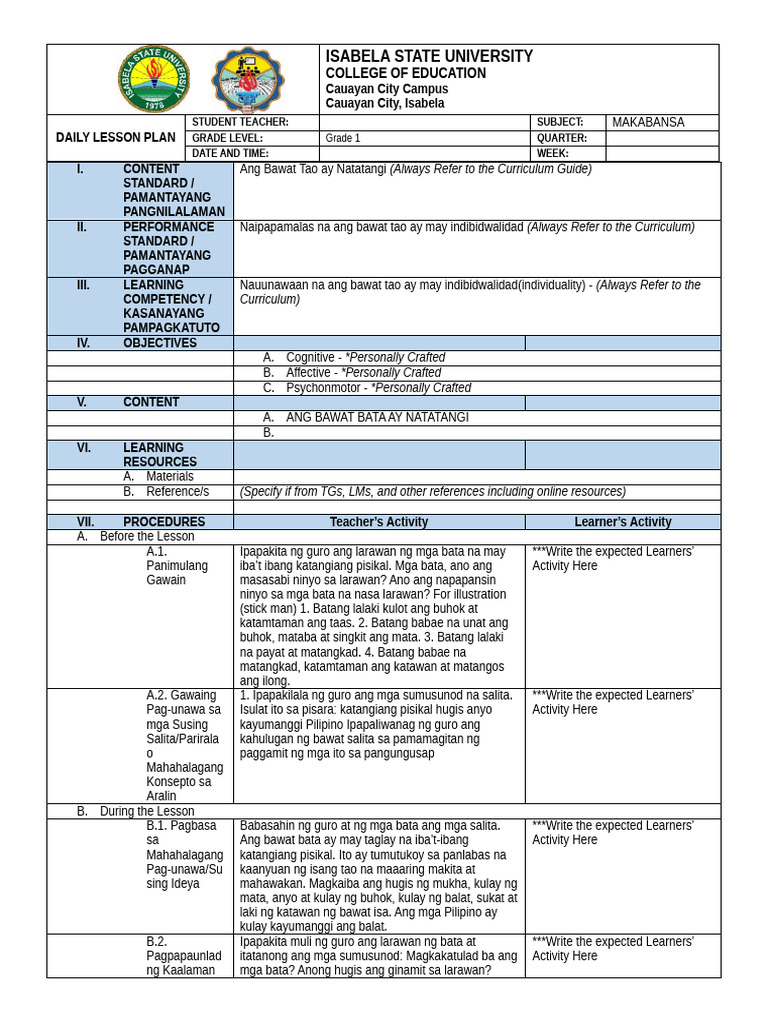 SAMPLE DLP FINAL TEMPLATE STUDENT TEACHER ISU CEd | PDF