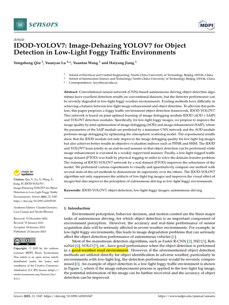 2023 - IDOD-YOLOV7 Image-Dehazing YOLOV7 for Object Detection in Low-Light Foggy Traffic ...
