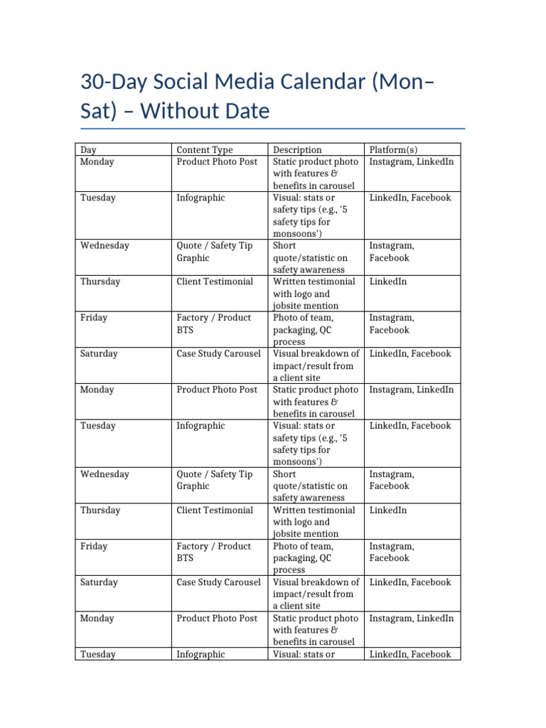 30-Day Social Media Content Plan | PDF