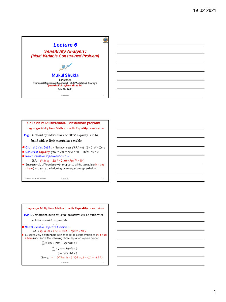 Lect 6 Sensitivity Analysis Multi Var Constrained Optimization Mukul Shukla MTech Feb 2021 | PDF ...