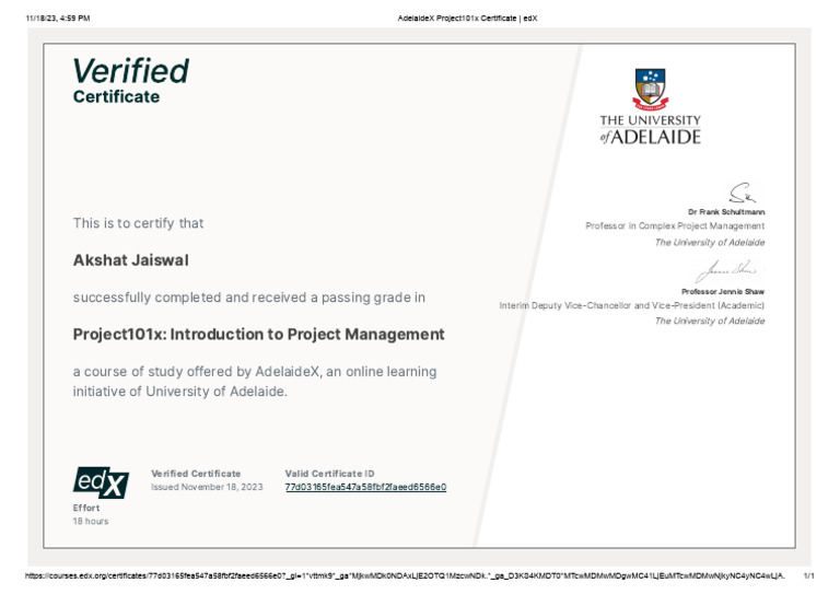AdelaideX Project101x Certificate - Edx | PDF
