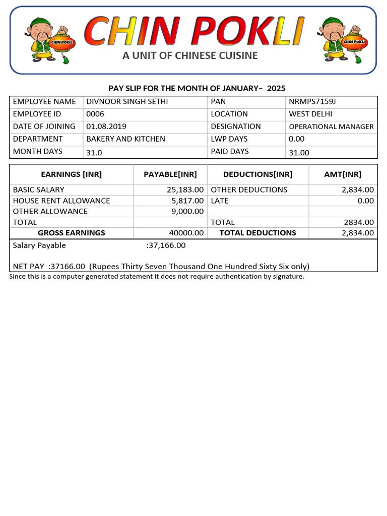January 2025 Pay Slip for Divnoor Sethi | PDF