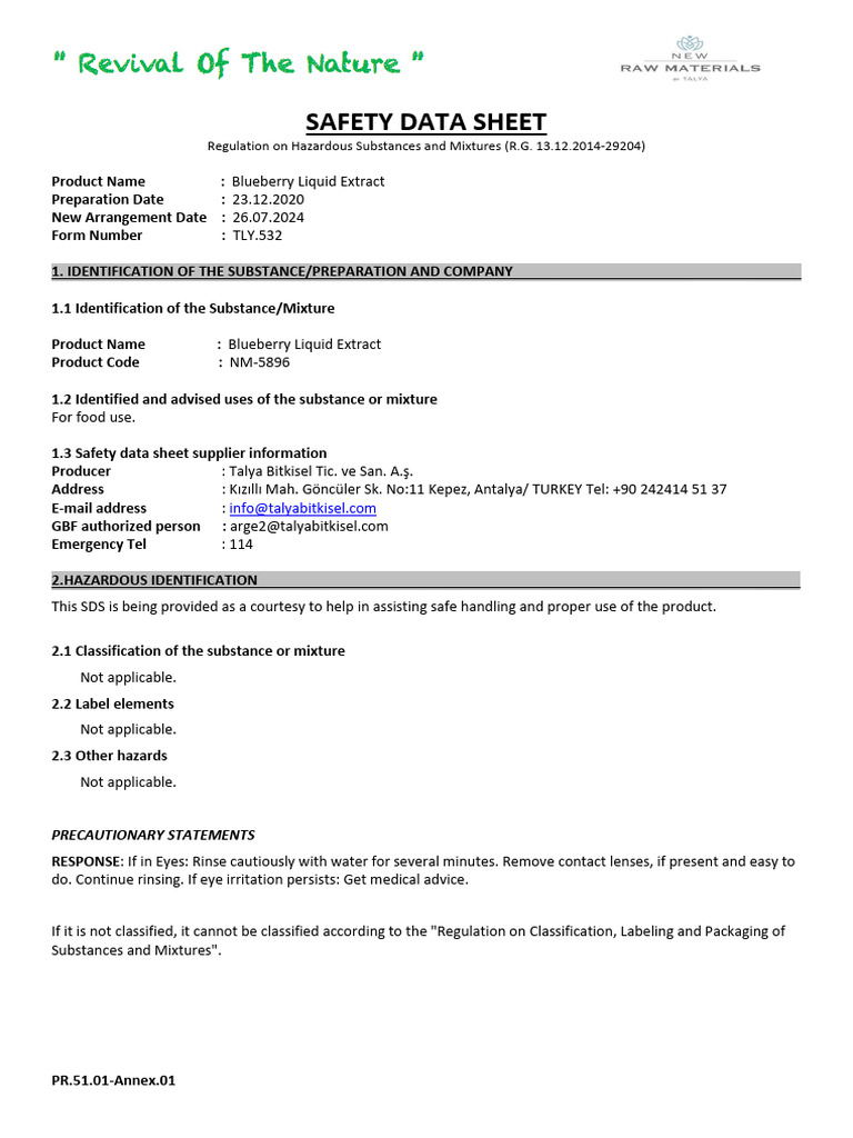 SDS - Blueberry Liquid Extract | PDF | Personal Protective Equipment ...