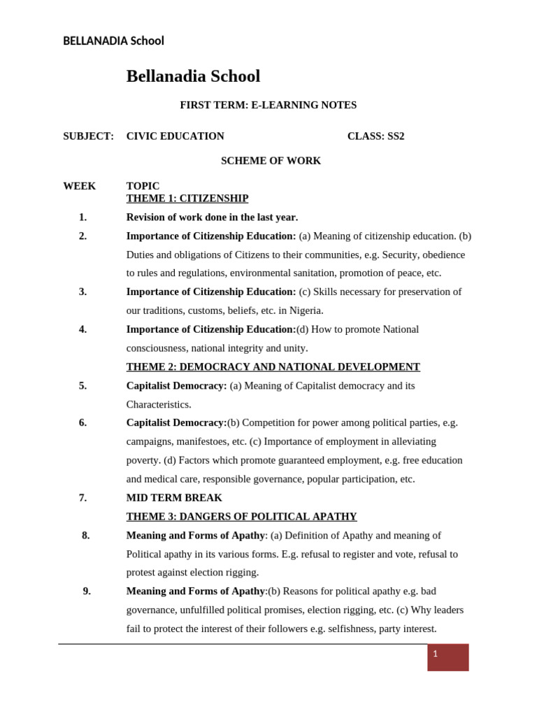 SS2 Civic Education First Term Scheme | PDF | Citizenship | Elections