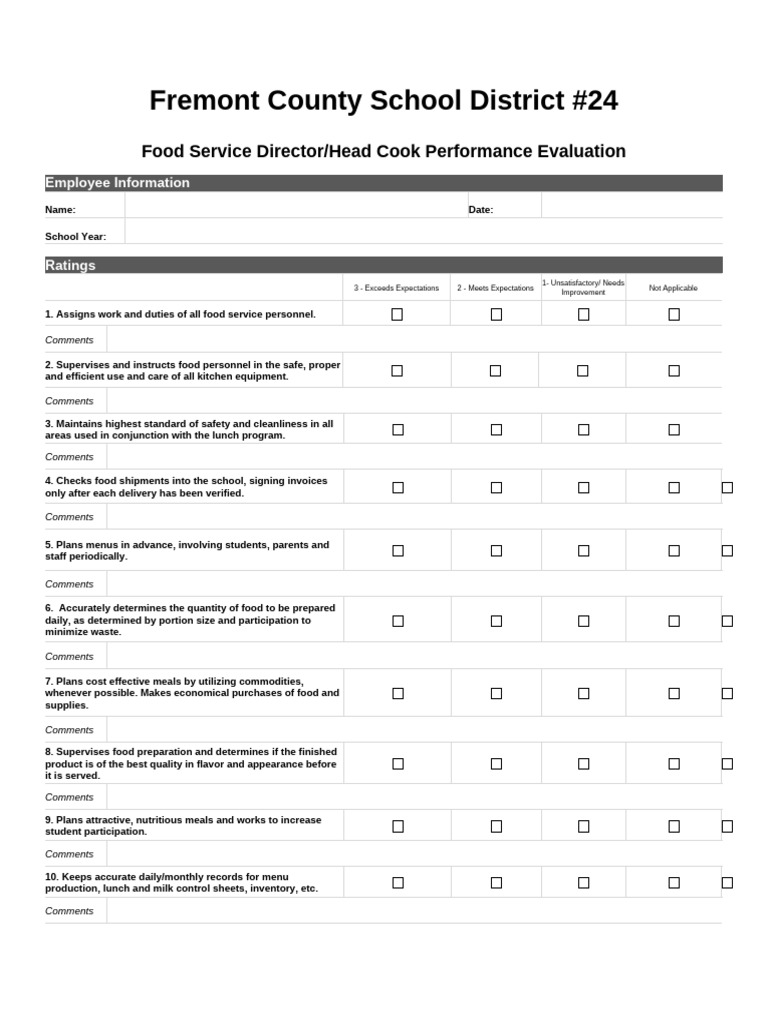 Food Service Director Evaluation Form | PDF | Menu | Performance Appraisal