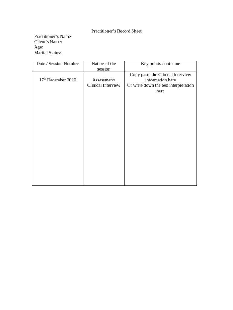 Practitioner’s Client Session Record Sheet | PDF