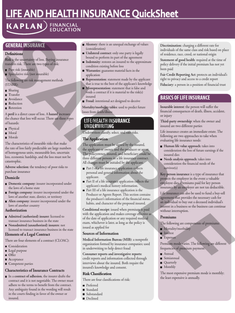 Life and Health Quicksheet | PDF | Insurance | Life Insurance
