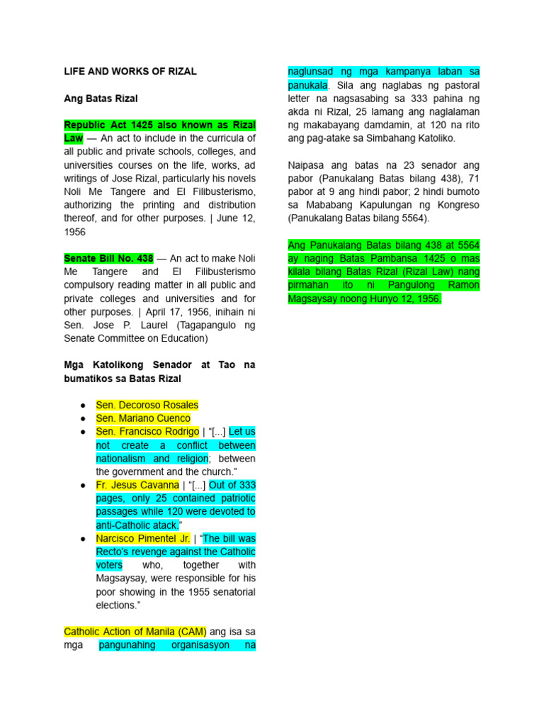 Life and Works of Rizal Ang Batas Rizal Reviewer | PDF