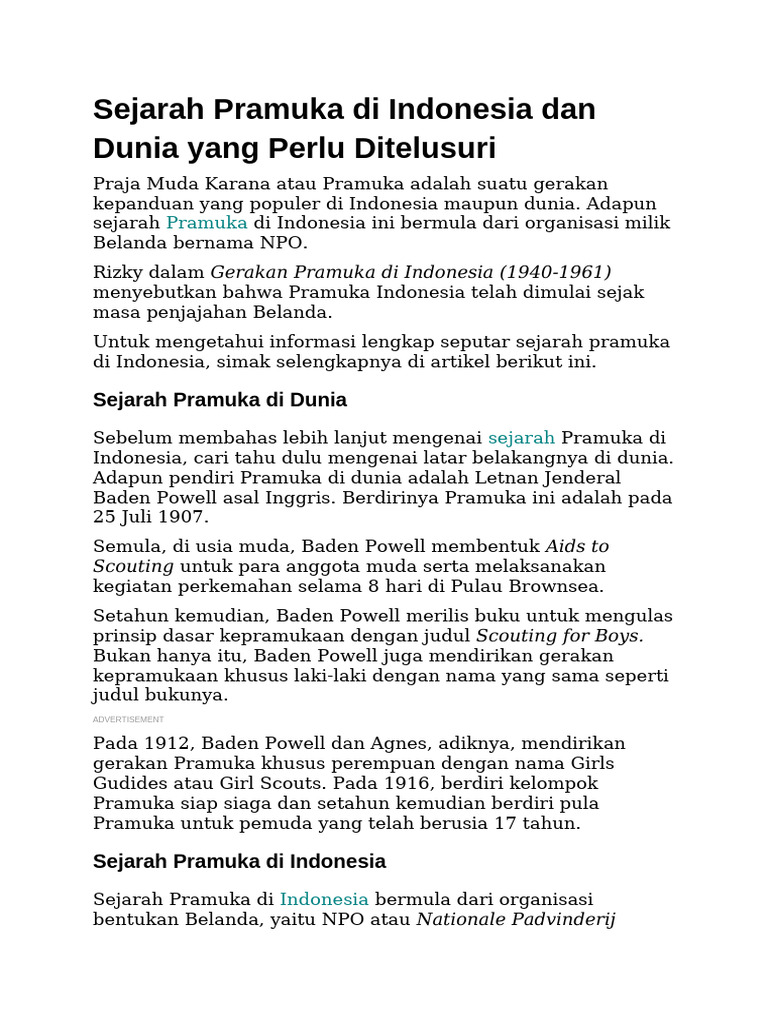 Sejarah Pramuka Di Indonesia Dan Dunia Yang Perlu Ditelusuri | PDF