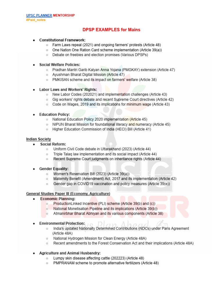 DPSP Examples by Upsc Planner | PDF | Labour Law | Economies