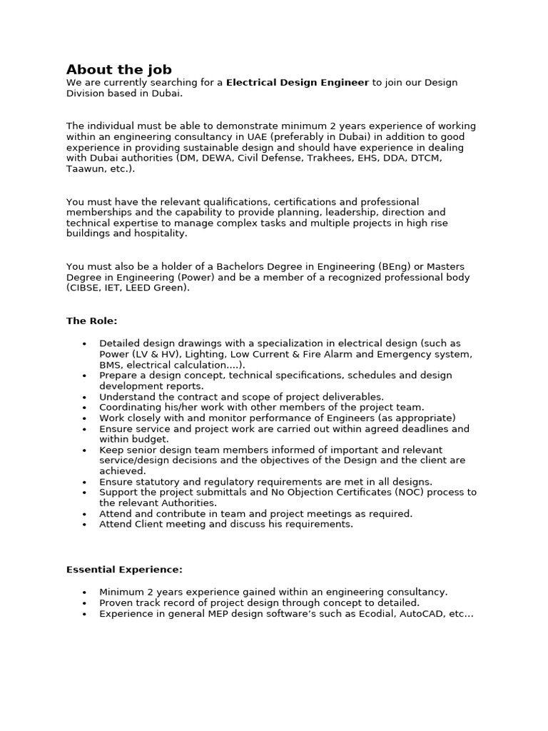 JD Electrical Design Engineer | PDF