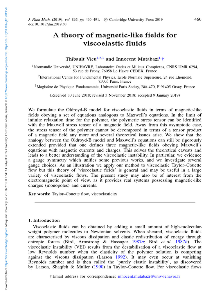 A Theory of Magnetic-Like Fields For Viscoelastic Fluids | PDF | Viscoelasticity | Fluid Dynamics