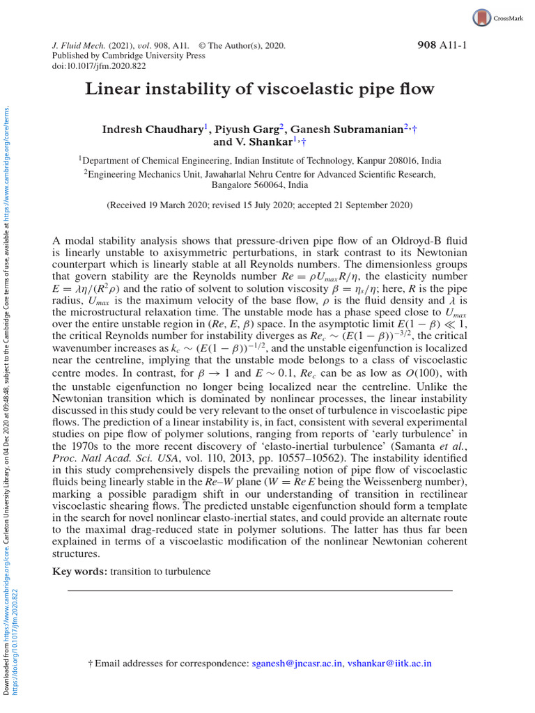 Linear Instability of Viscoelastic Pipe Flow | PDF | Fluid Dynamics | Reynolds Number