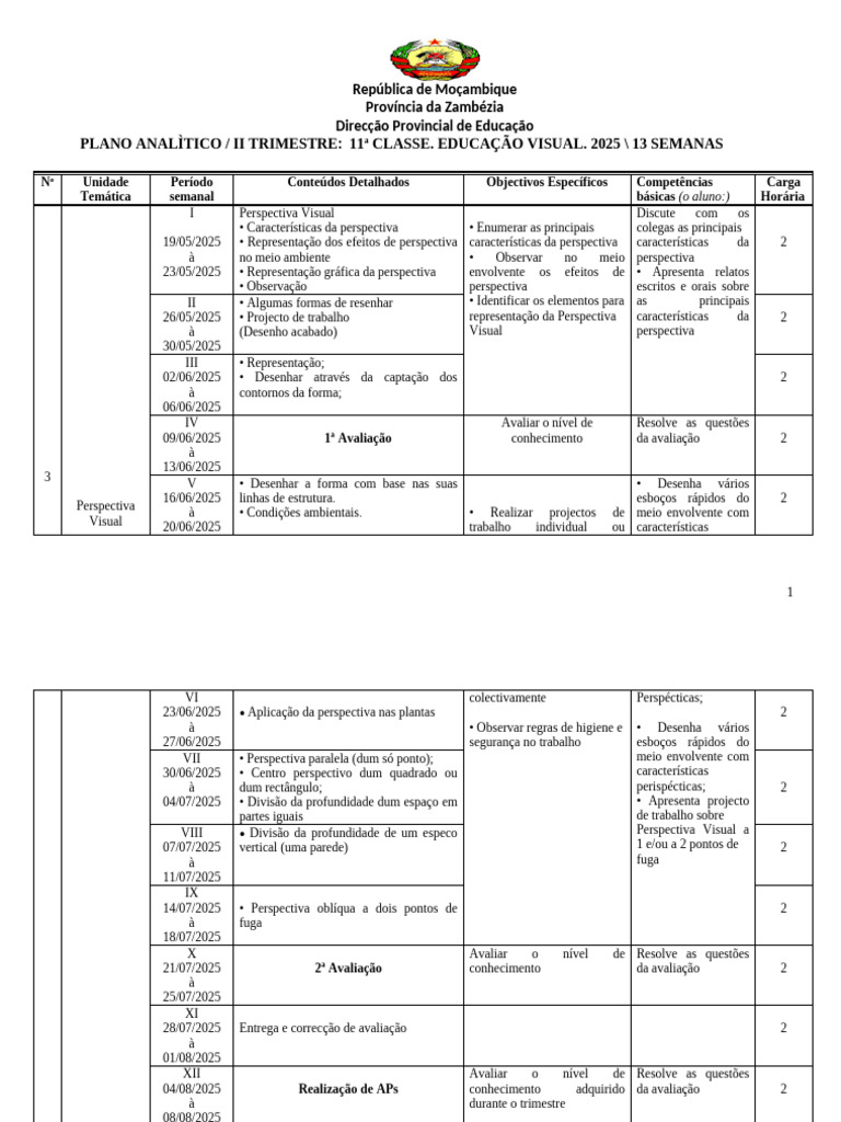 Plano Analítico: Educação Visual 11ª Classe | PDF | Perspectiva (gráficos)