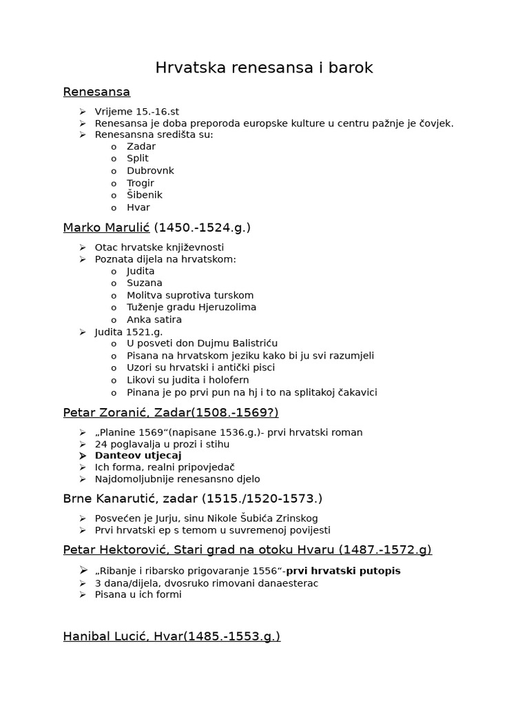Hrvatska Renesansa I Barok Biljesne | PDF