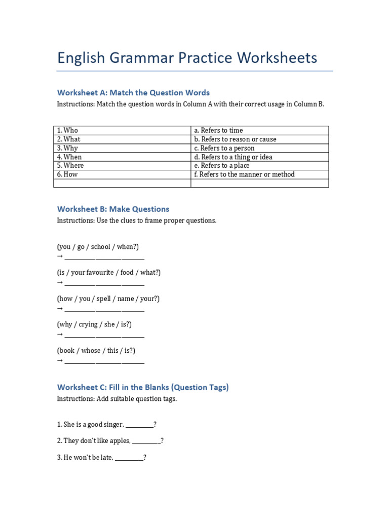 Grammar Practice Worksheets Ch2 Cls7 | PDF