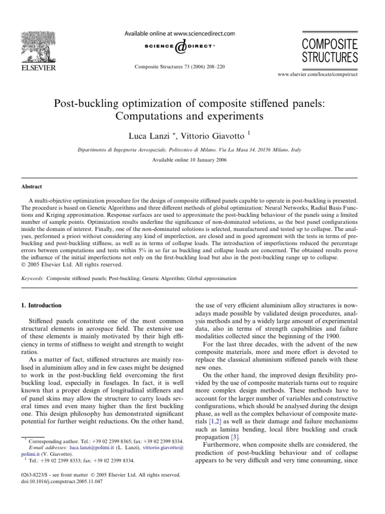 Post-Buckling Optimization of Composite Stiffened Panels Computations and Experiments | PDF ...