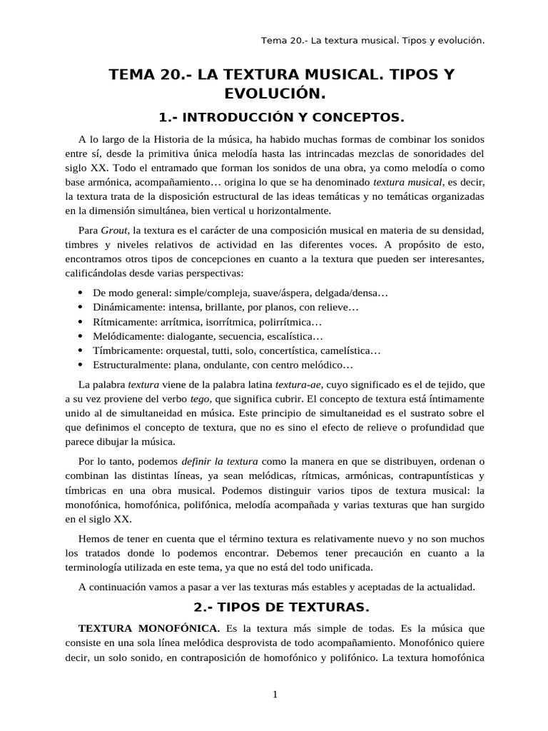 TEMA 20. - La Textura Musical. Tipos y Evolución. | PDF | Melodía ...