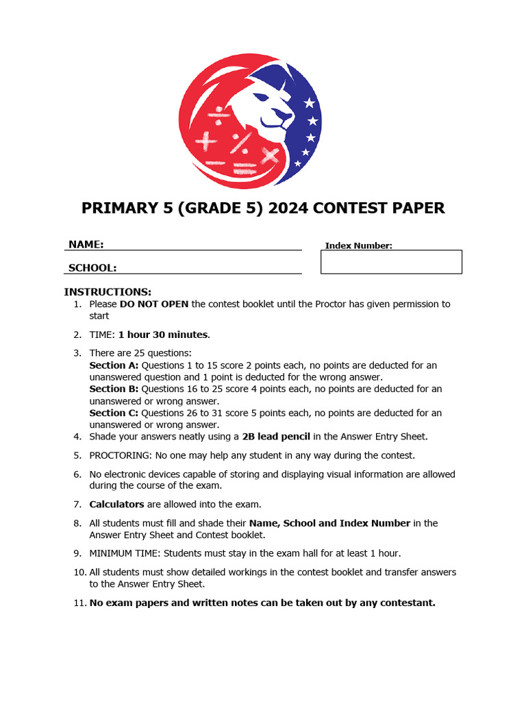 Primary 5 Math Contest Paper 2024 | PDF | Triangle