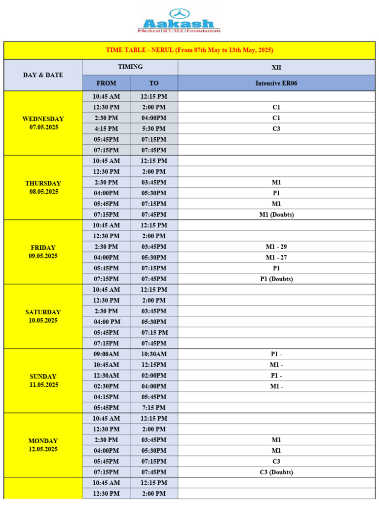 ENG. - INTNSIVE - BATCH - TIME TABLE 07-05-2025 To 13-05-2025 | PDF