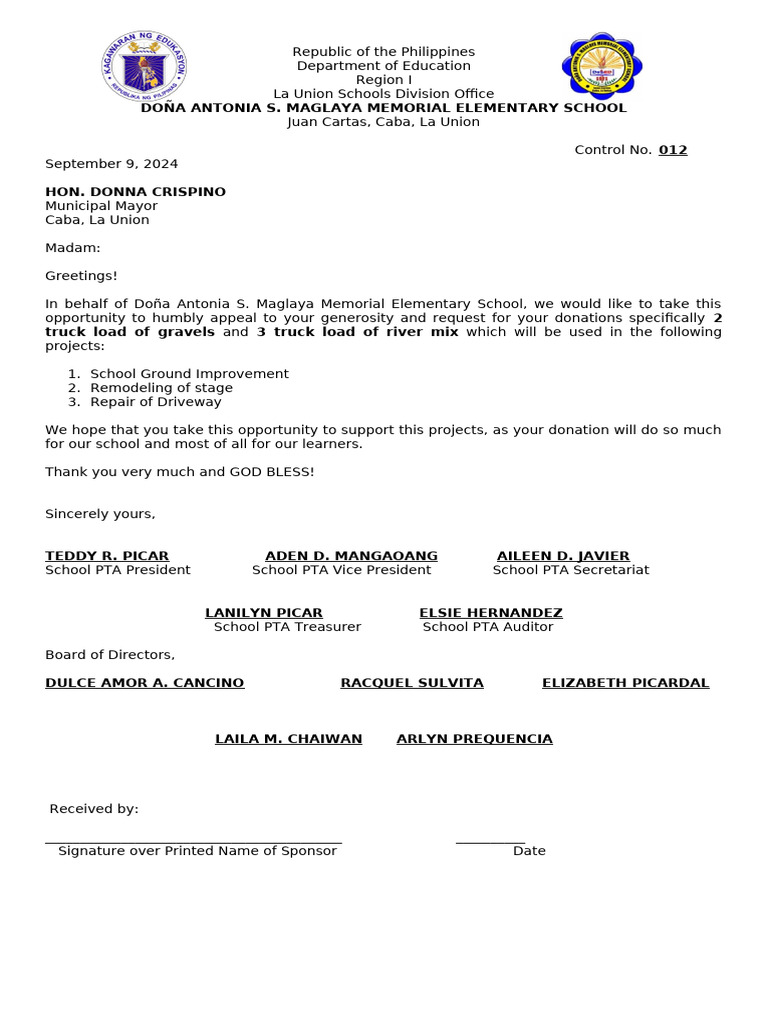 Solicitation Letter For Pta Pojects | PDF