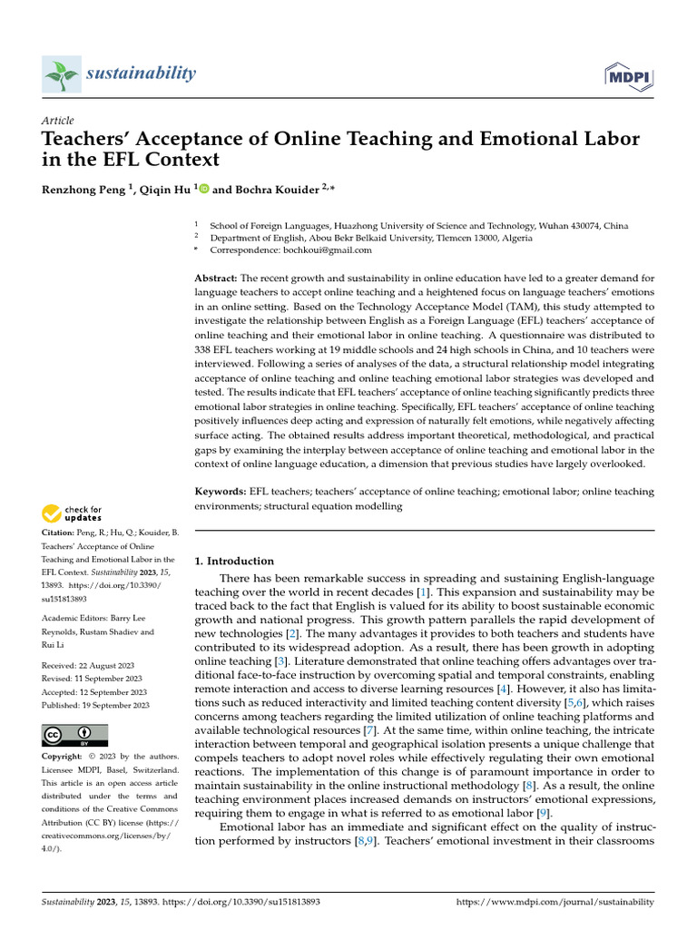 Teachers Acceptance of Online Teaching and Emotio | PDF | Educational ...