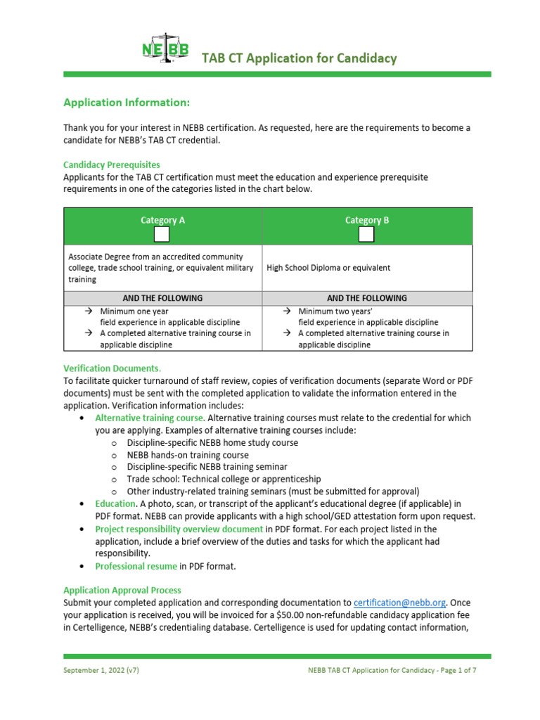 2022 NEBB TAB CT Application For Candidacy v7 2022.09.01 | PDF | Arbitration | General ...