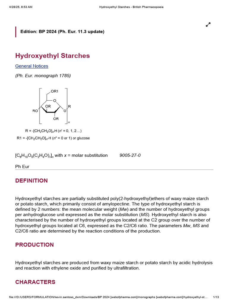 Hydroxyethyl Starches - British Pharmacopoeia 2024 | PDF | Ethanol ...
