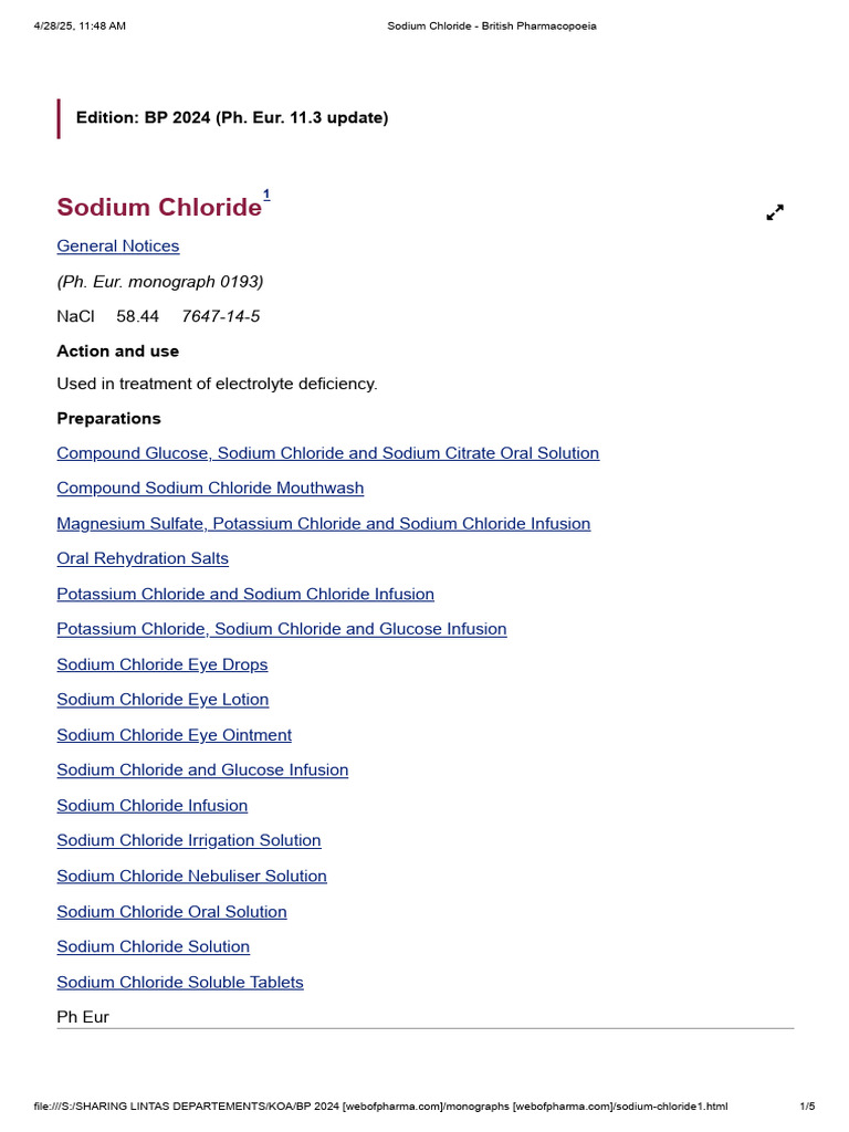 Sodium Chloride Monograph BP 2024 | PDF | Sodium | Sodium Chloride