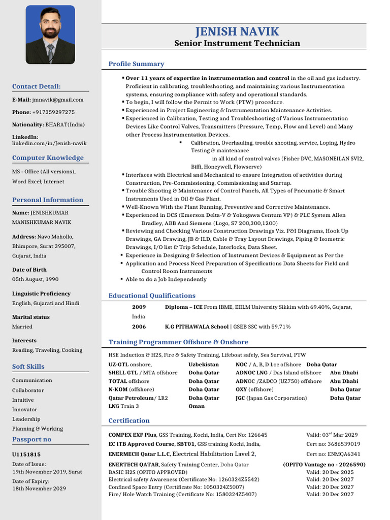 Senior Instrument Technician Resume - Jenish Navik | PDF | Instrumentation