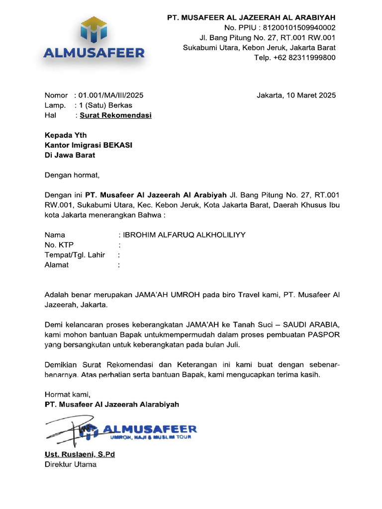 Surat Pengantar Travel Untuk Pembuatan Paspor | PDF