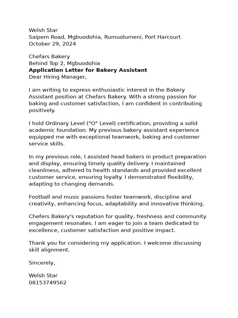 Application Letter For Bakery Assistant | PDF