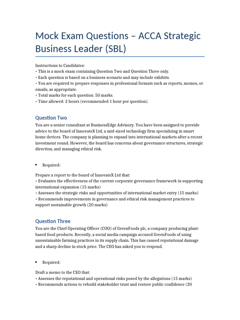 Mock Exam ACCA SBL Questions 2 and 3 | PDF