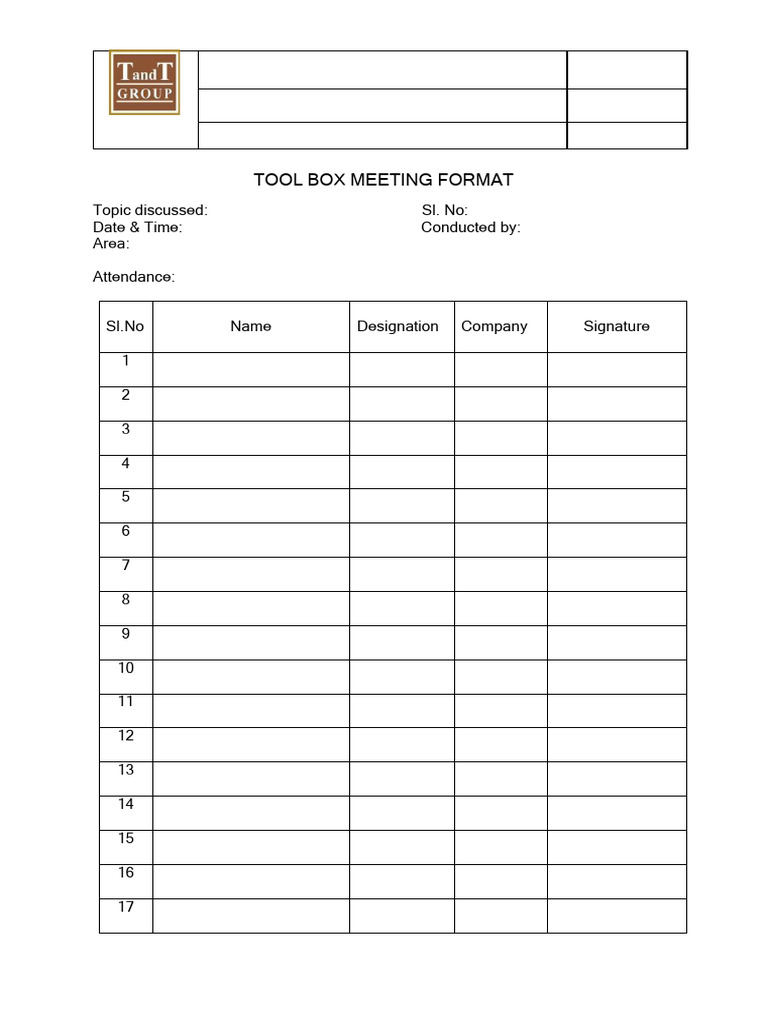 Tool Box Meeting Format: Health, Safety and Environment Management ...