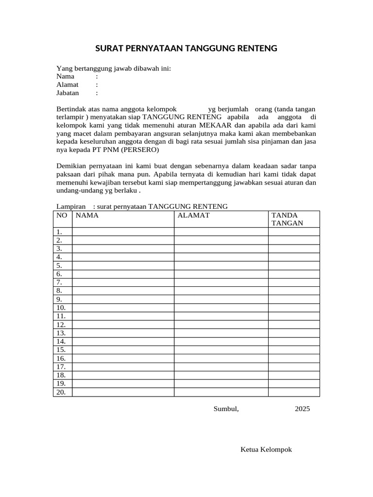 Surat Pernyataan Tanggung Renteng Anggota | PDF