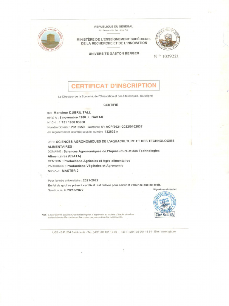 Certificat D'inscription M2 Djibril TALL | PDF