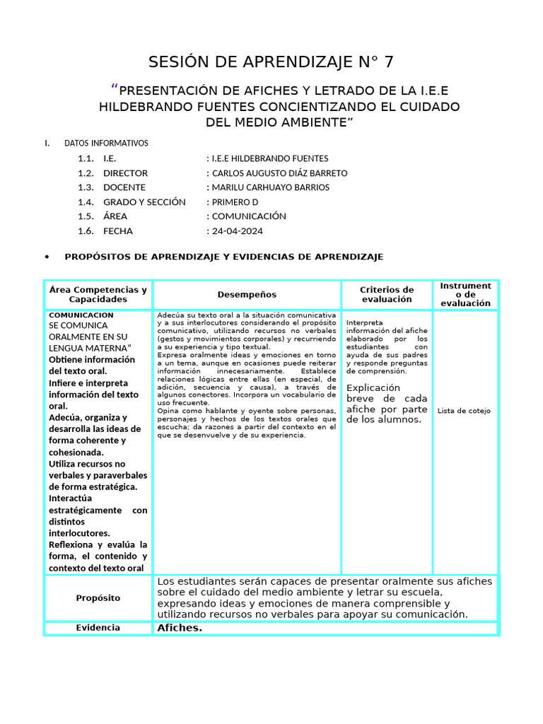 1° Ses - Comu Presentamos Nuestros Afiches y Letramos La Institución | PDF | Evaluación
