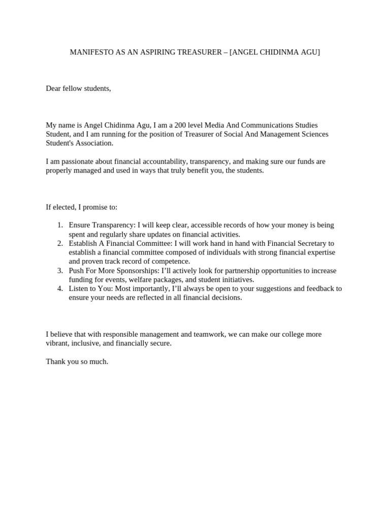 Manifesto For Treasurer | PDF