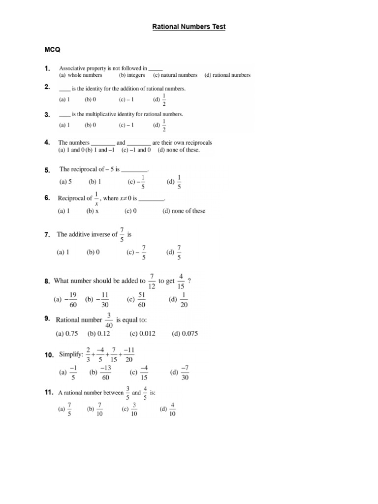 Rational Numbers Test | PDF